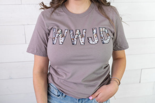 WWJD Camo Graphic Tee-Pebble Brown - The Burlap Buffalo