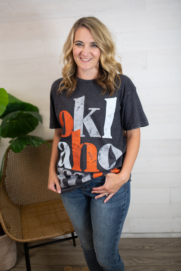 Oklahoma Stack Letters Graphic Tee-Orange/Black - The Burlap Buffalo