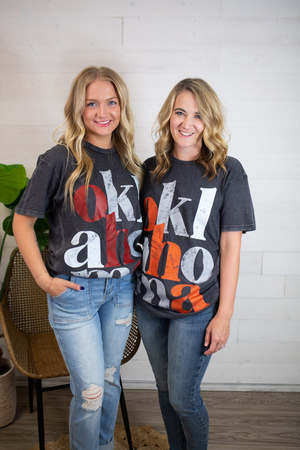 Oklahoma Stack Letters Graphic Tee-Orange/Black - The Burlap Buffalo