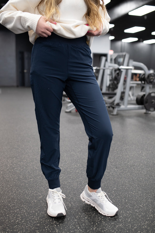 Navy Oxford Woven Dance Studio Mid Rise Joggers - The Burlap Buffalo